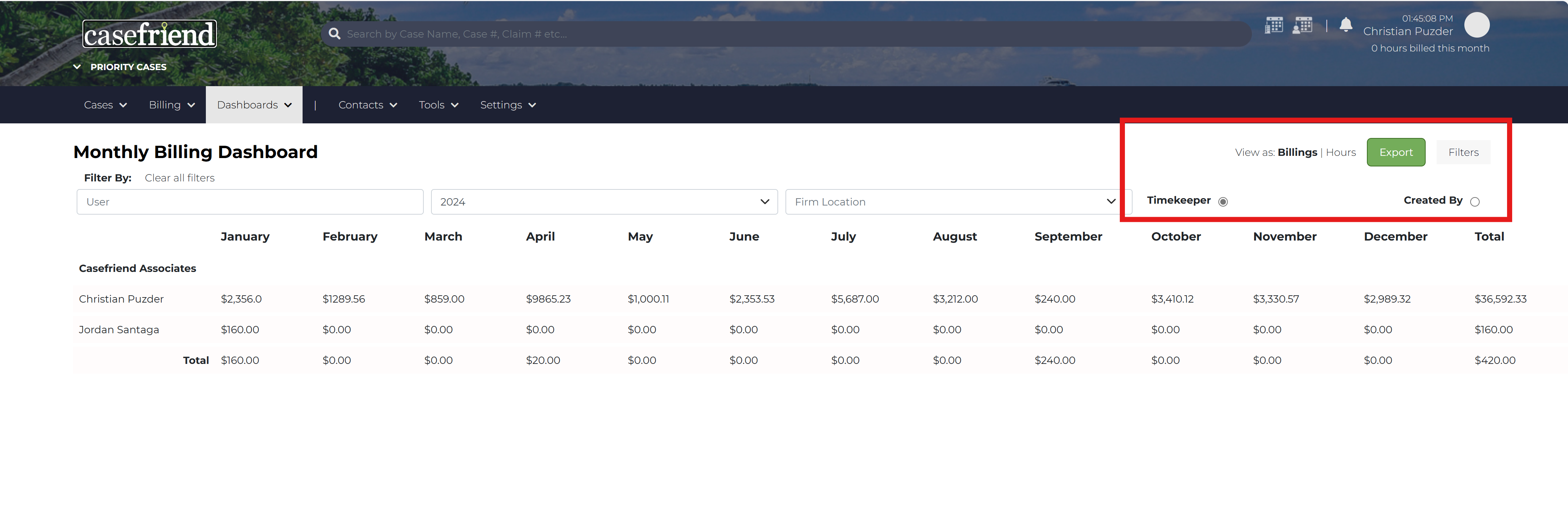 Monthly Billing Dashboard – Casefriend
